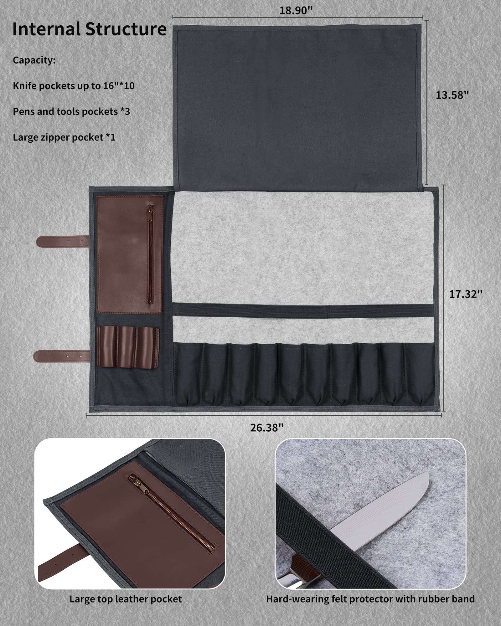 DEQIS Knife Roll Chef Waxed Canvas Bag Storage 13 Slots and 1 Large Zipper Pocket Carry Shoulder Strap Handle and Name Card Professional Folding Cooking Tools Case Organizer,Knives Not Included,Black