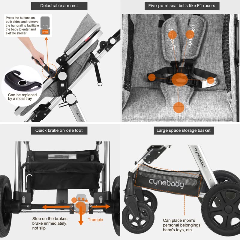 Cynebaby Baby Stroller, Convertible Bassinet Stroller for Newborn Infant Lightweight Pram Strollers with Snack Tray… (Gray)
