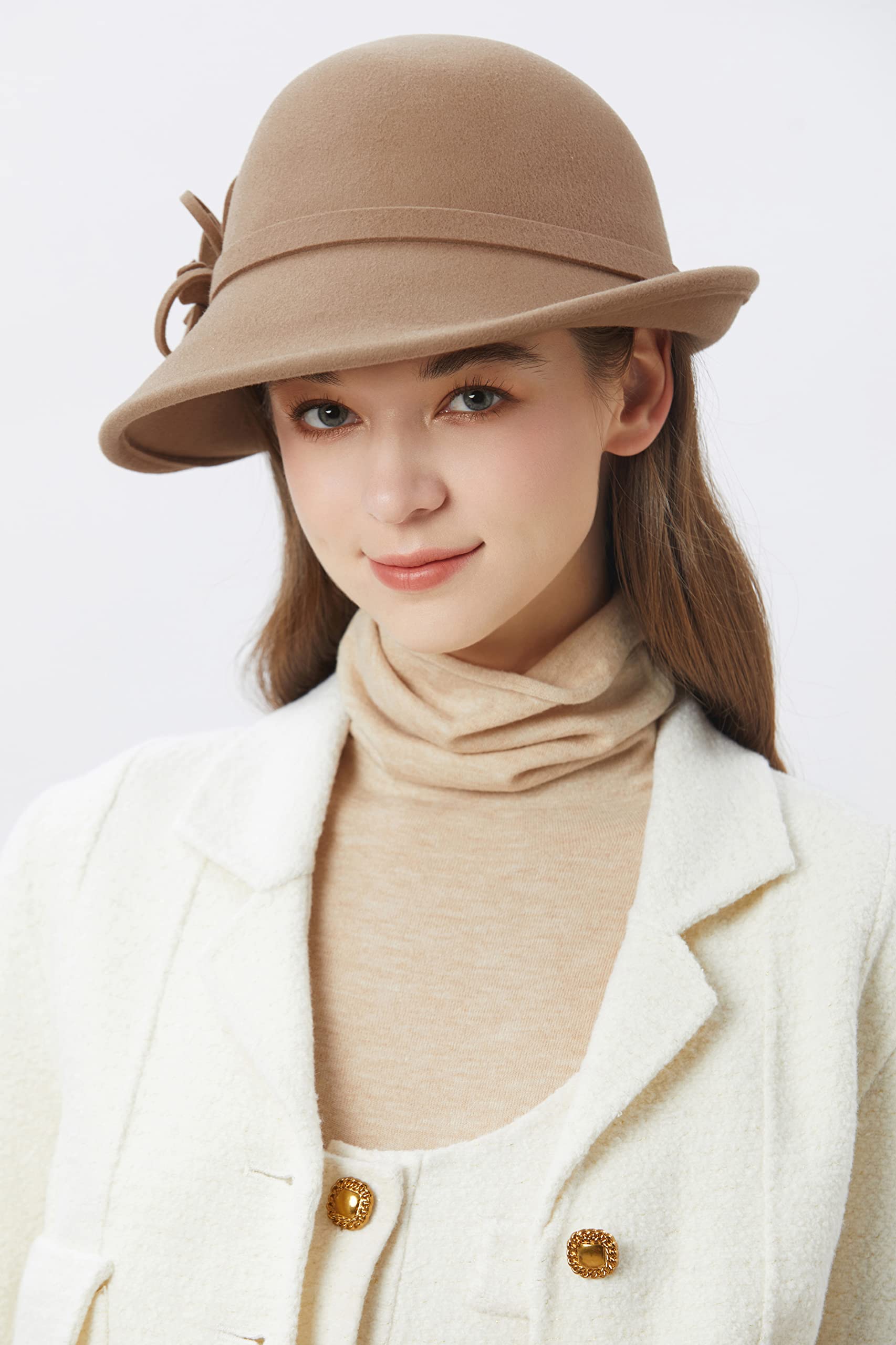 BABEYOND Womens 1920s Bucket Hat Winter Wool Crushable Bowler Hat Vintage Cloche Round Hat with Floral Accent (Camel)