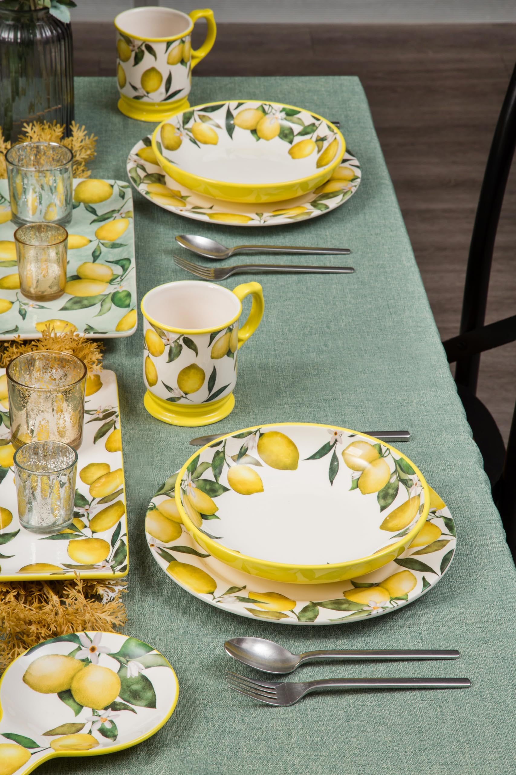 Bico Lemon Dreams 11 inch Dinner Plates, Set of 4, for Pasta, Salad, Maincourse, Microwave & Dishwasher Safe