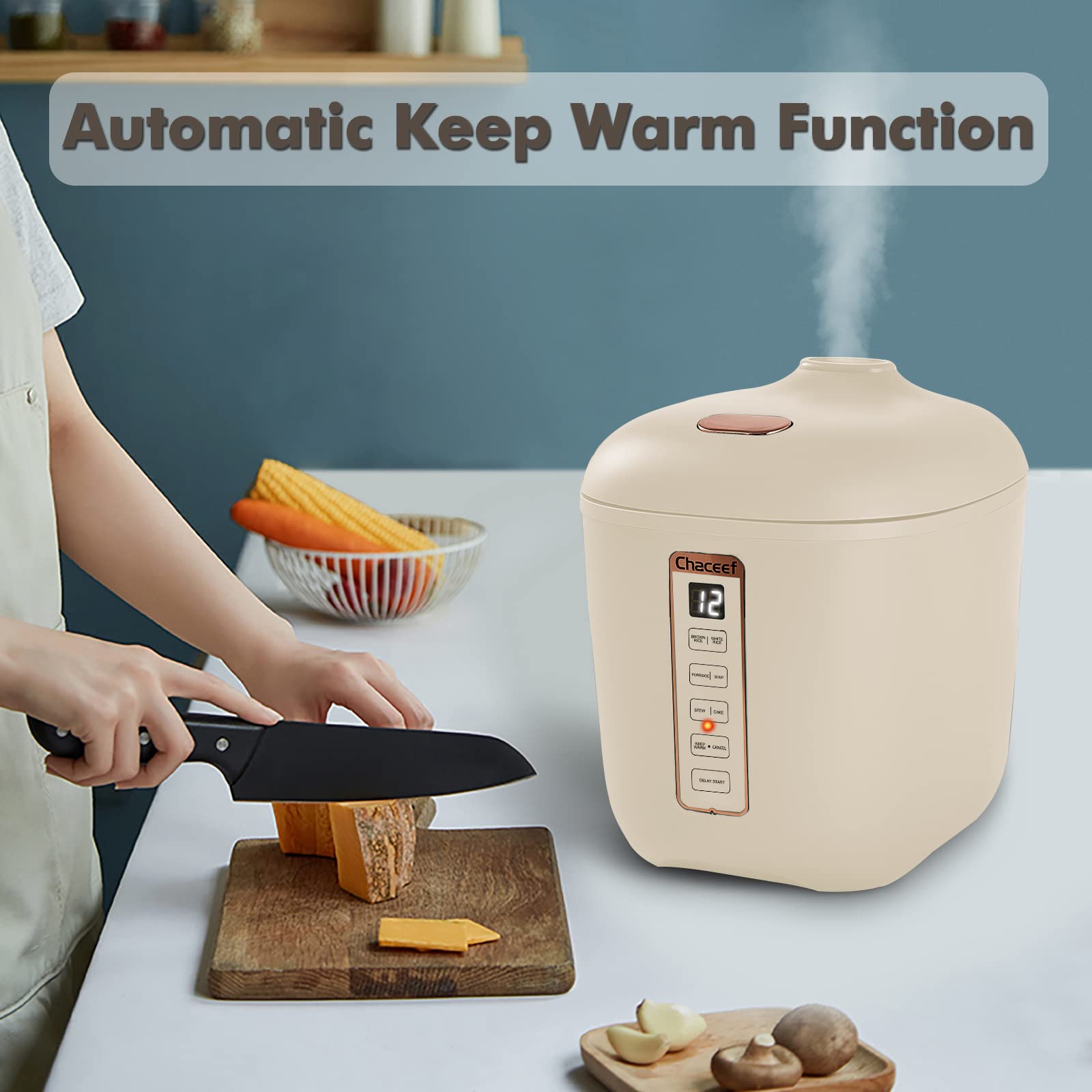 CHACEEF Mini Rice Cooker 2-Cups Uncooked, 1.2L Portable Non-Stick Small Travel Rice Cooker, Beige & CHACEEF Rice Cooker 3-Cups Uncooked, 1.5L Small Rice Cooker with Non-stick coating, Green