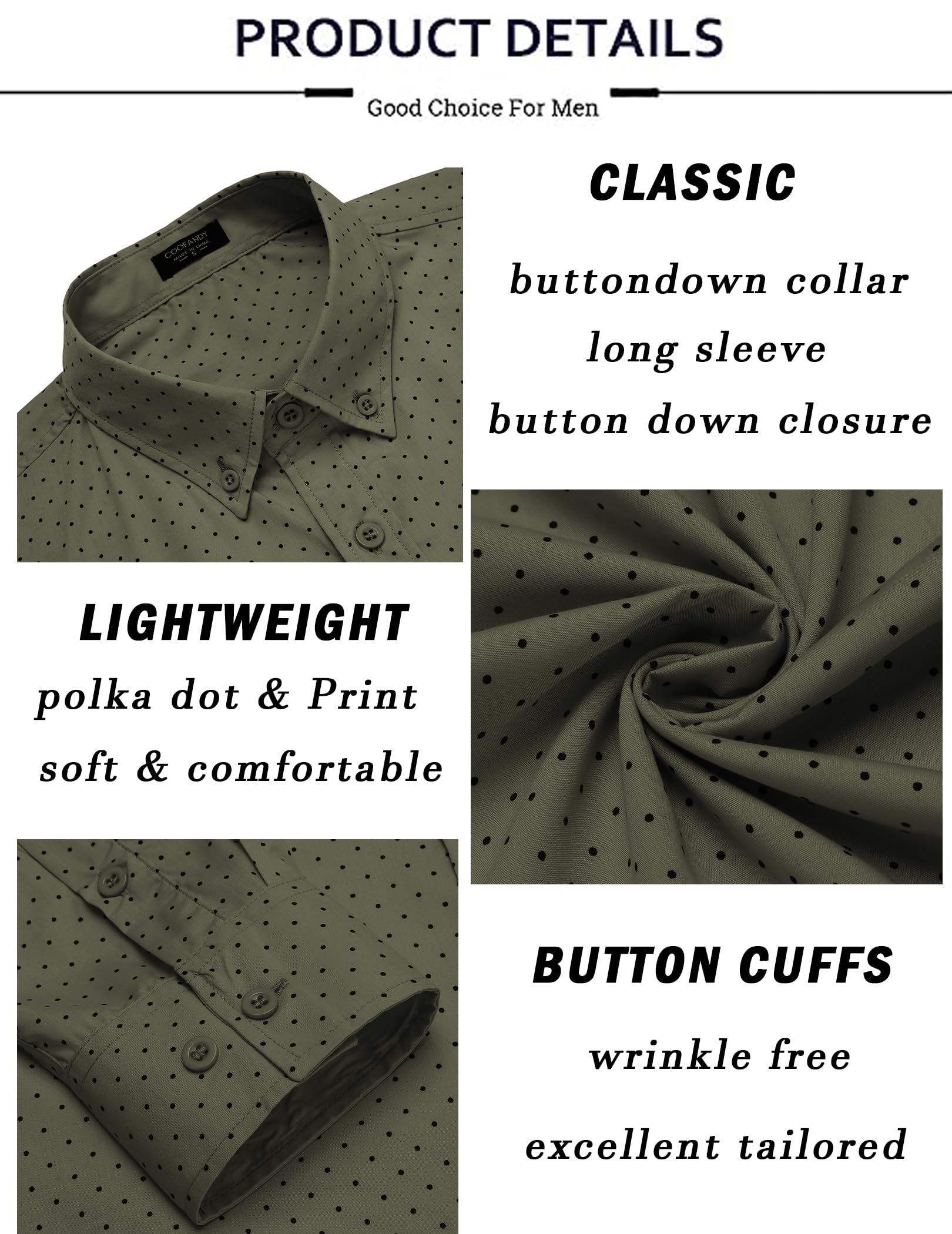 COOFANDY Men's Business Dress Shirt Long Sleeve Regular Fit Shirt Casual Polka Dot Printed Button Down Shirts Army Green