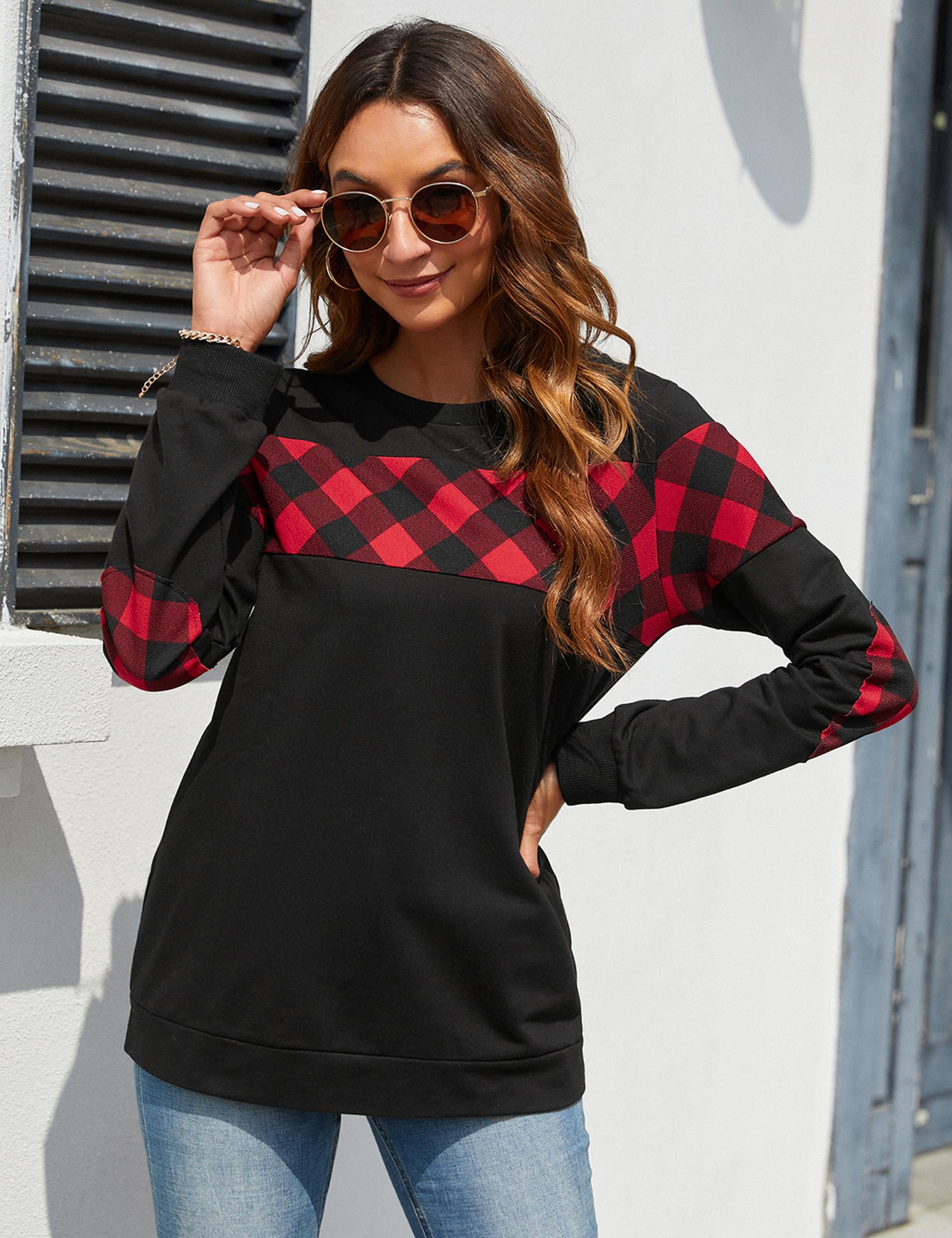 Blooming Jelly Women's Color Block Plaid Shirt Crew Neck Elbow Patches Pullover Sweatshirt Christmas Top(M) Black