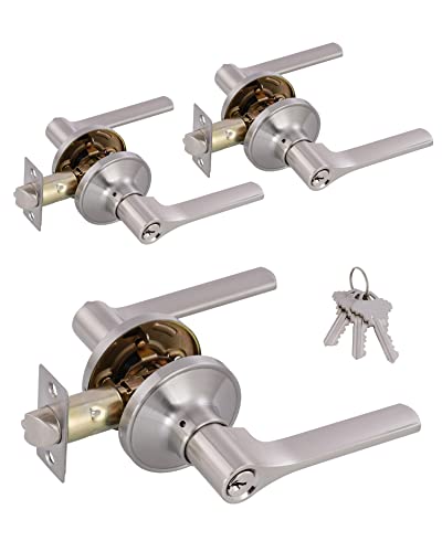 GITRANG (3 Pack) Door Levers Interior Keyed Alike Entry Front/Bedroom Door Handles for Left and Right Opened Door with Lock and Keys Set in Satin Nickel