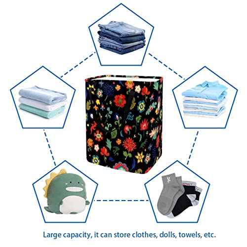 Flowers and Leaves Print Collapsible Laundry Hamper, 60L Waterproof Laundry Baskets Washing Bin Clothes Toys Storage for Dorm Bathroom Bedroom