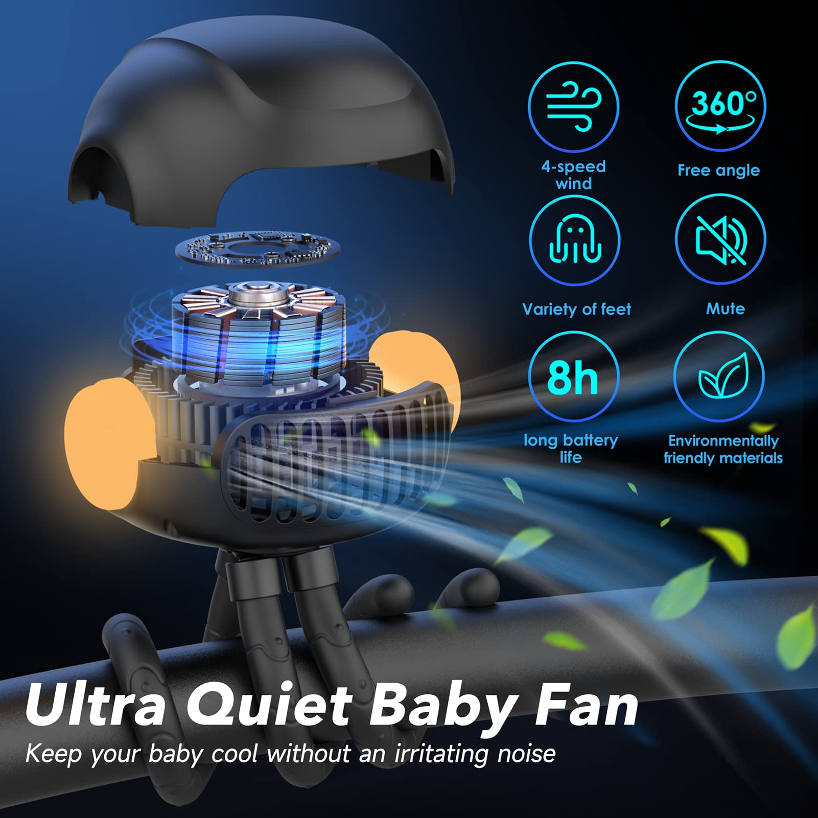 Inverter Table Fans With LED Lights|USB Fans Rechargeable 4000mAh Portable Robot Flexible Tripod Clip |4 Speeds 360°Adjustment, for Baby Stroller, Bedside, Desktop|Where You Can Stand and Hang (Black)