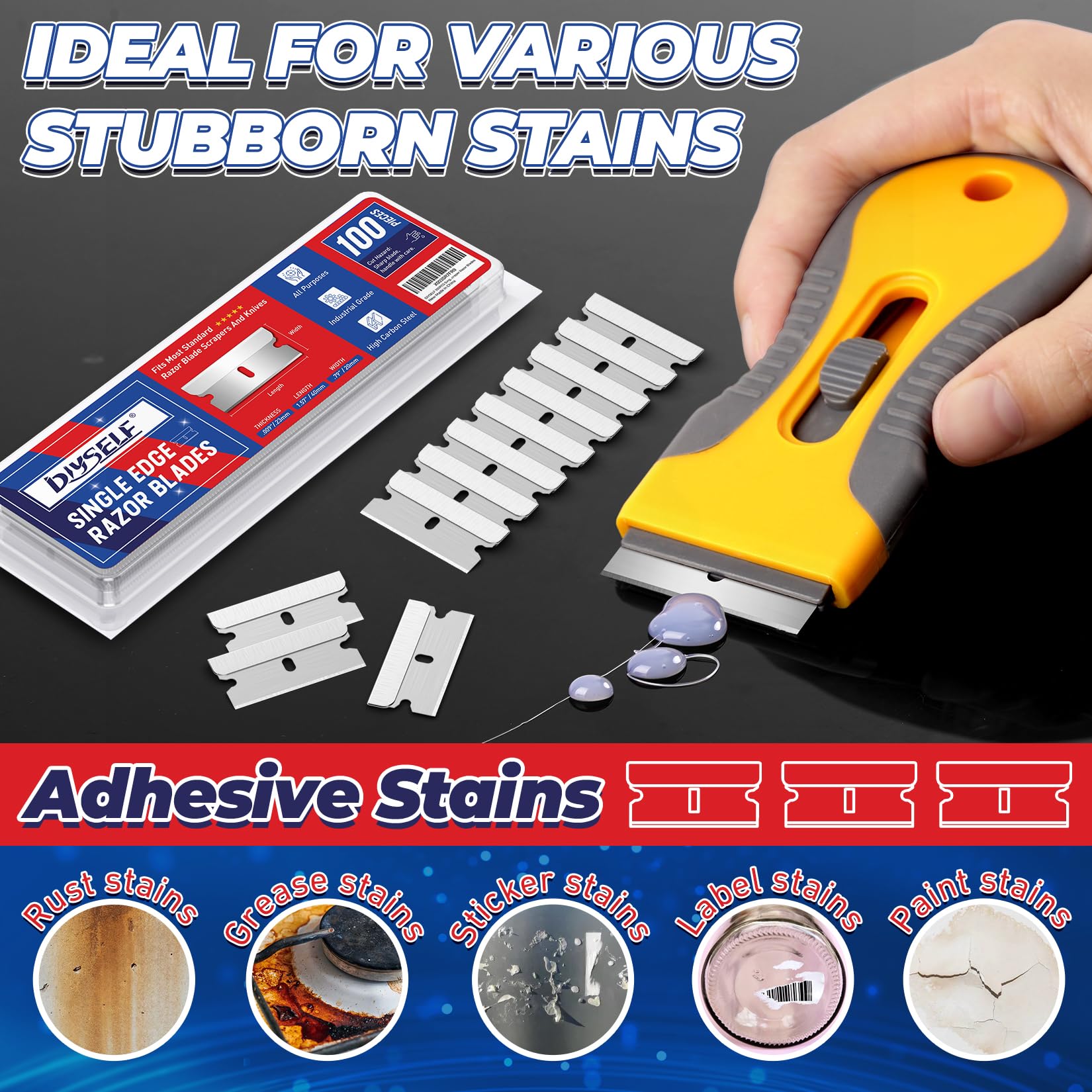 DIYSELF Single Edge Razor Blades, 100 Blades, Razor Blades Refiils for Razor Scraper, Utility Knife, Heavy Duty One Edge Razor Blades, High Carbon Steel Razor Blades for Removing Decals, Stickers