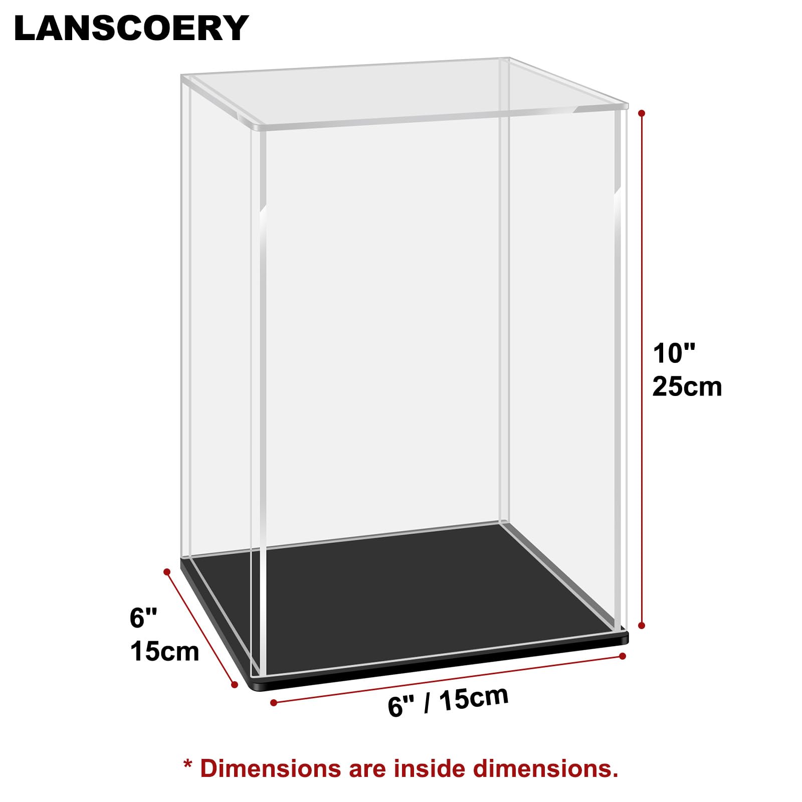 LANSCOERY Acrylic Display Case, Assemble Showcase Display Box for Collectibles, with Dustproof & Seamless Display Design, 6x6x10inch Black Base