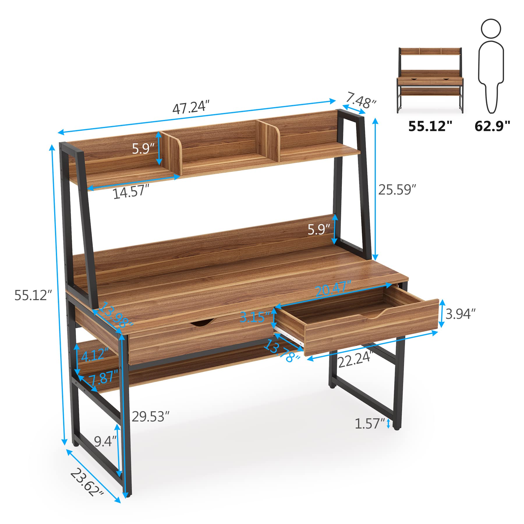 Tribesigns Large Computer Desk with Bookshelf and Drawers, Writing Desk Gaming Gamer Table with Storage and Hutch, 47 “Wood and Metal Craft Table for Home Office