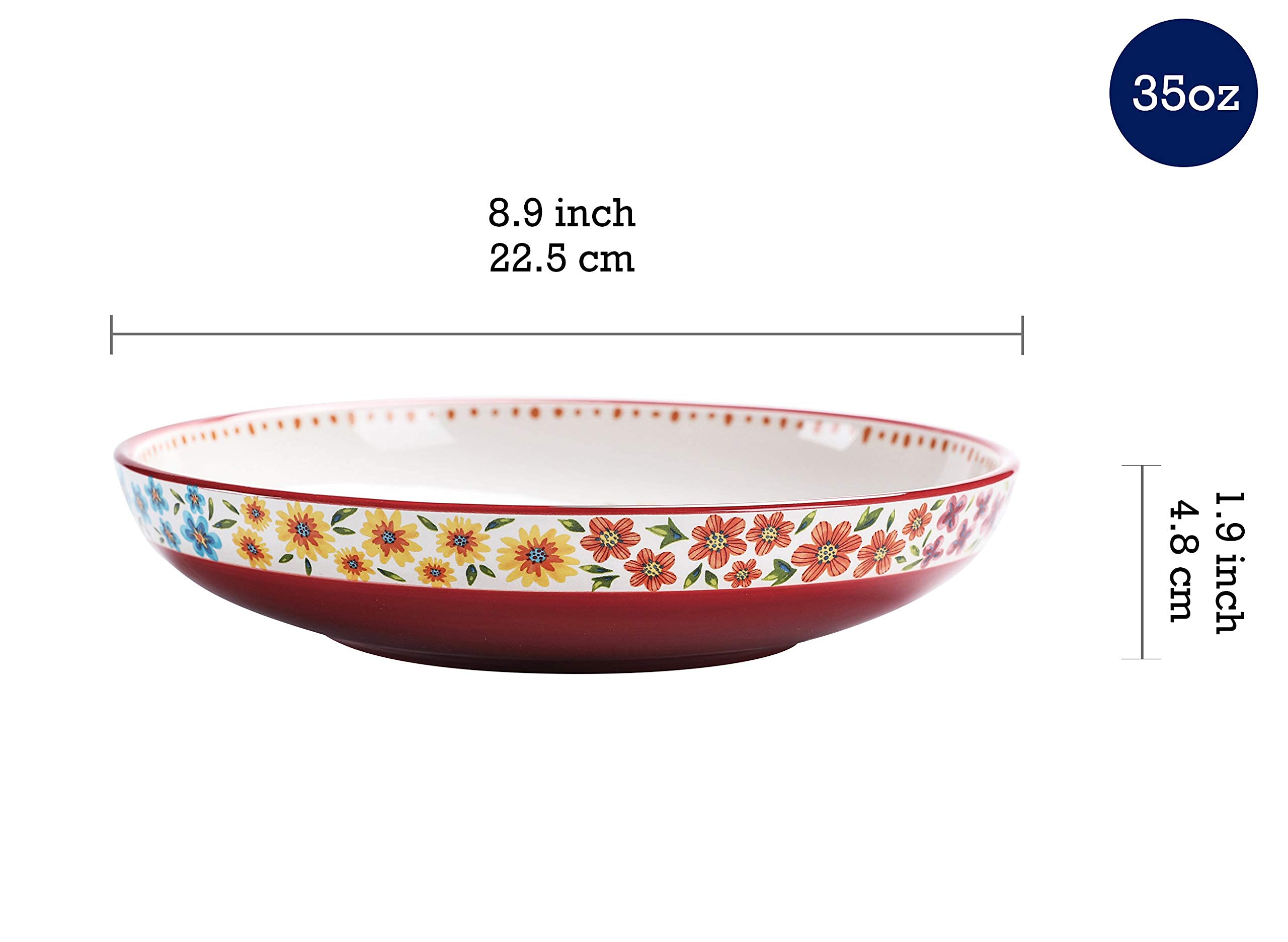Bico Red Spring Bird Ceramic Pasta Bowl, Set of 9(1 unit 214oz, 8 units 35oz), for Pasta, Salad, Microwave & Dishwasher Safe