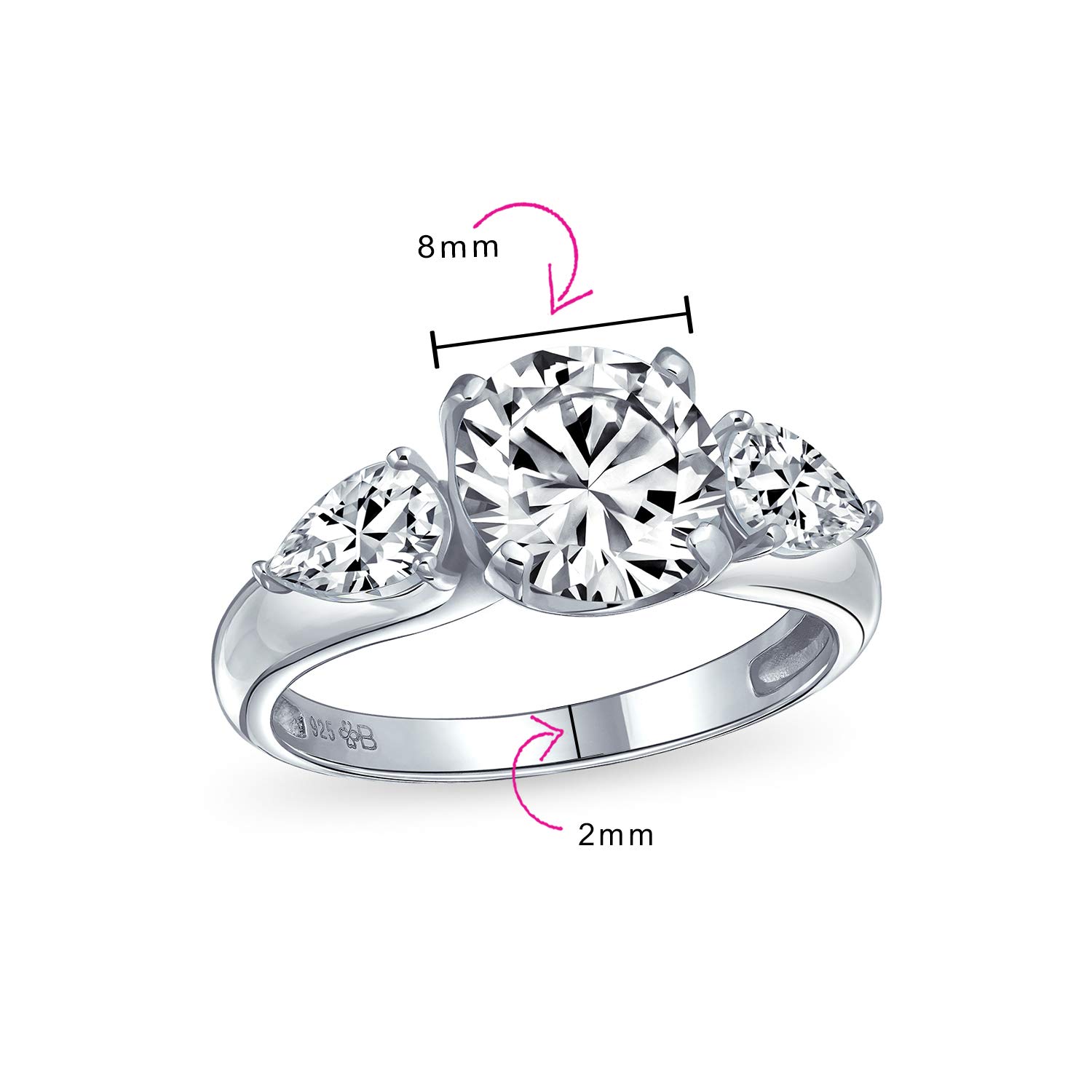Bling Jewelry Personalize Timeless 3CT AAA CZ Trillion Side Stones Promise Cubic Zirconia Brilliant Cut Solitaire Round Engagement Ring For Women .925 Sterling Silver Customizable