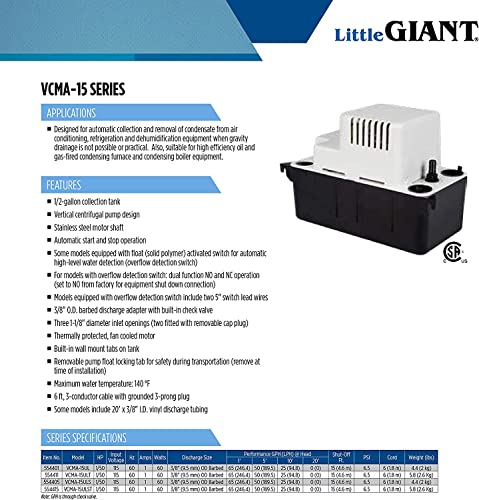 Little Giant VCMA-15ULS 115 Volt, 65 GPH, 1/50 HP Automatic Condensate Removal Pump with Safety Switch, White/Black, 554405