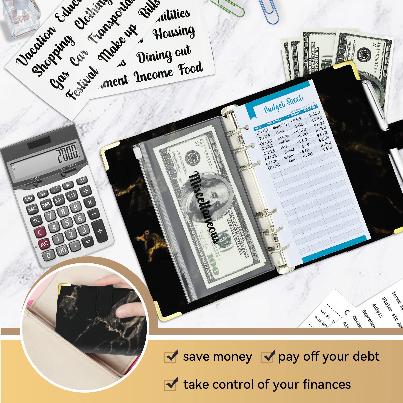 Budget Binder with Zipper Envelopes & Expense Budget Sheets,Marble 6-Ring Money Organizer for Cash,Money Binder with Cash Envelopes for Budgeting and Saving Money