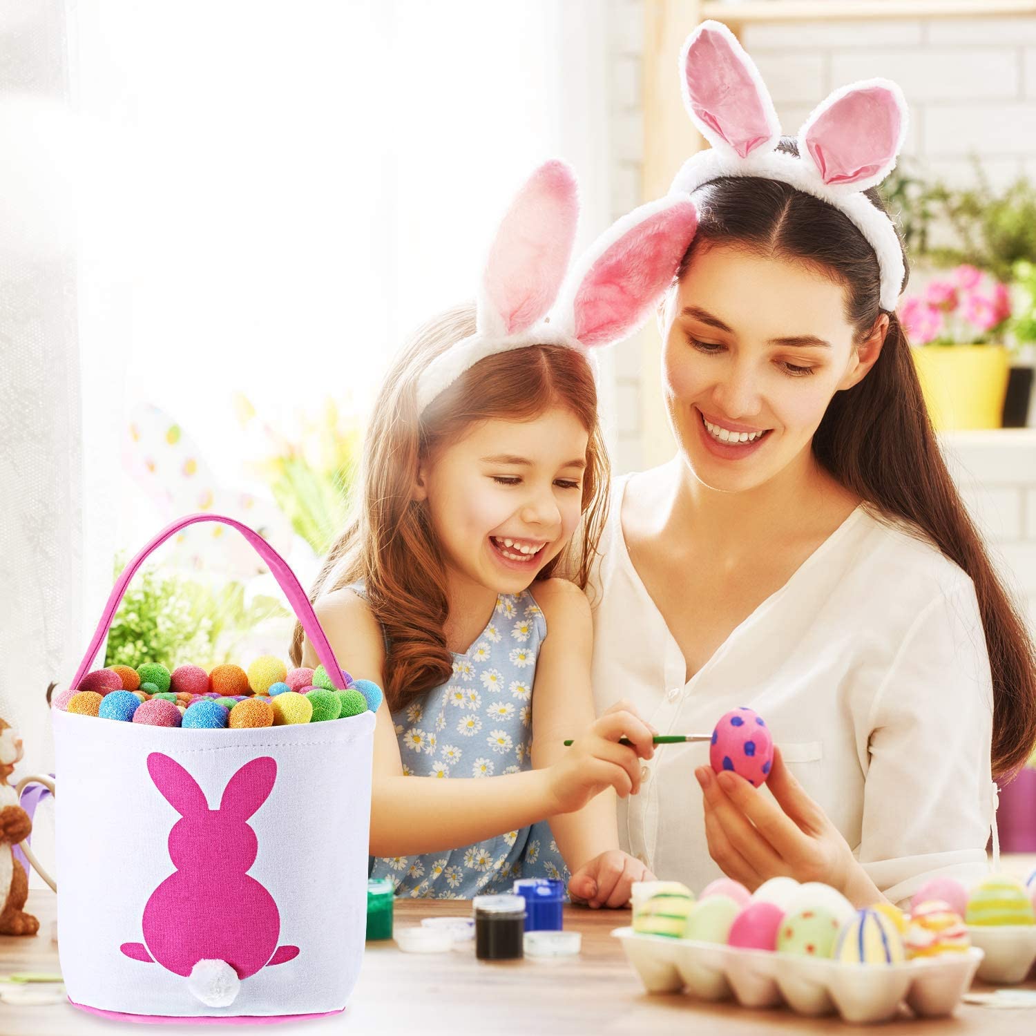 Blulu 4 Pieces Easter Bunny Basket Bags Canvas Gift Basket with Fluffy Tail for Kids Party Decoration and Daily Use