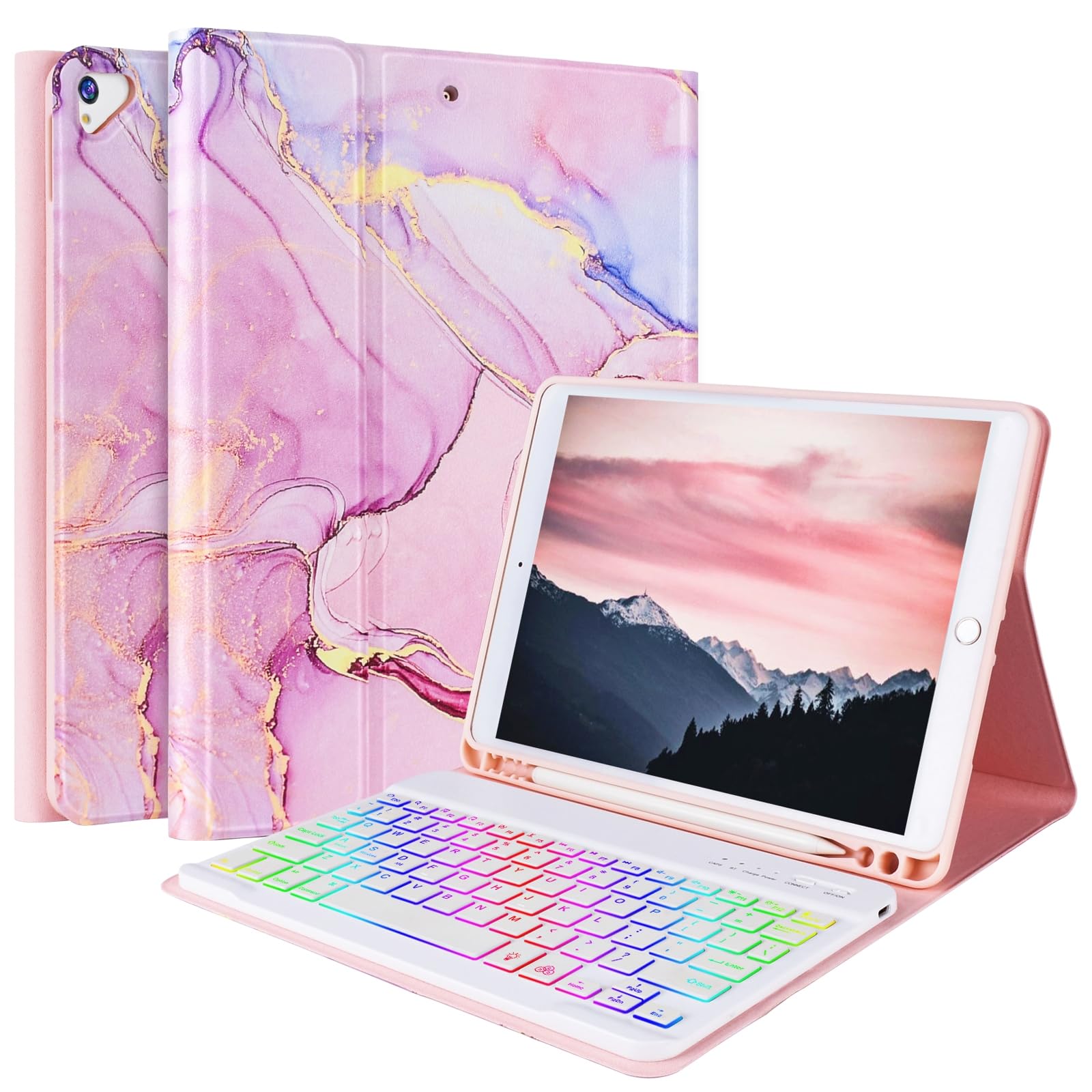 FUWANG Keyboard Case for iPad 9th Generation 10.2 inch 2021 - Detachable 7 Colors Backlit Stand Folio Keyboard Cover for iPad 8th Gen/7th Gen/iPad Pro 10.5"/iPad Air 3rd Gen, with Pencil Holder