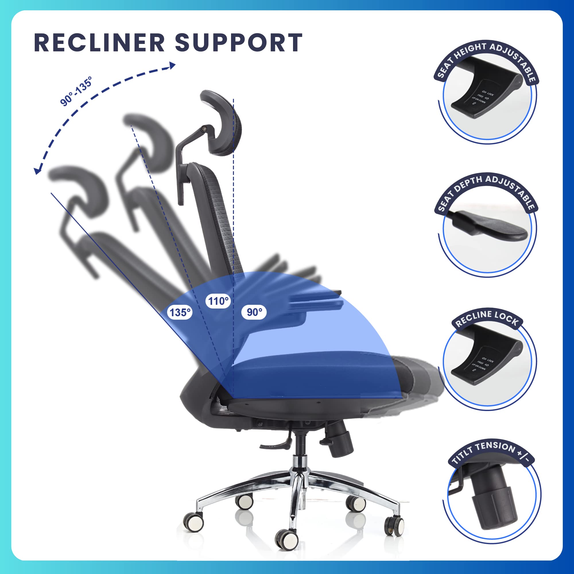BROBRIYO Ergonomic Office Chair, Thick Cushioned Seat, Home Office Desk Chair with Seat Slider, Adjustable Lumbar Support,Headrest,3D Armrest,Tilt Function, Executive Chair Rolling