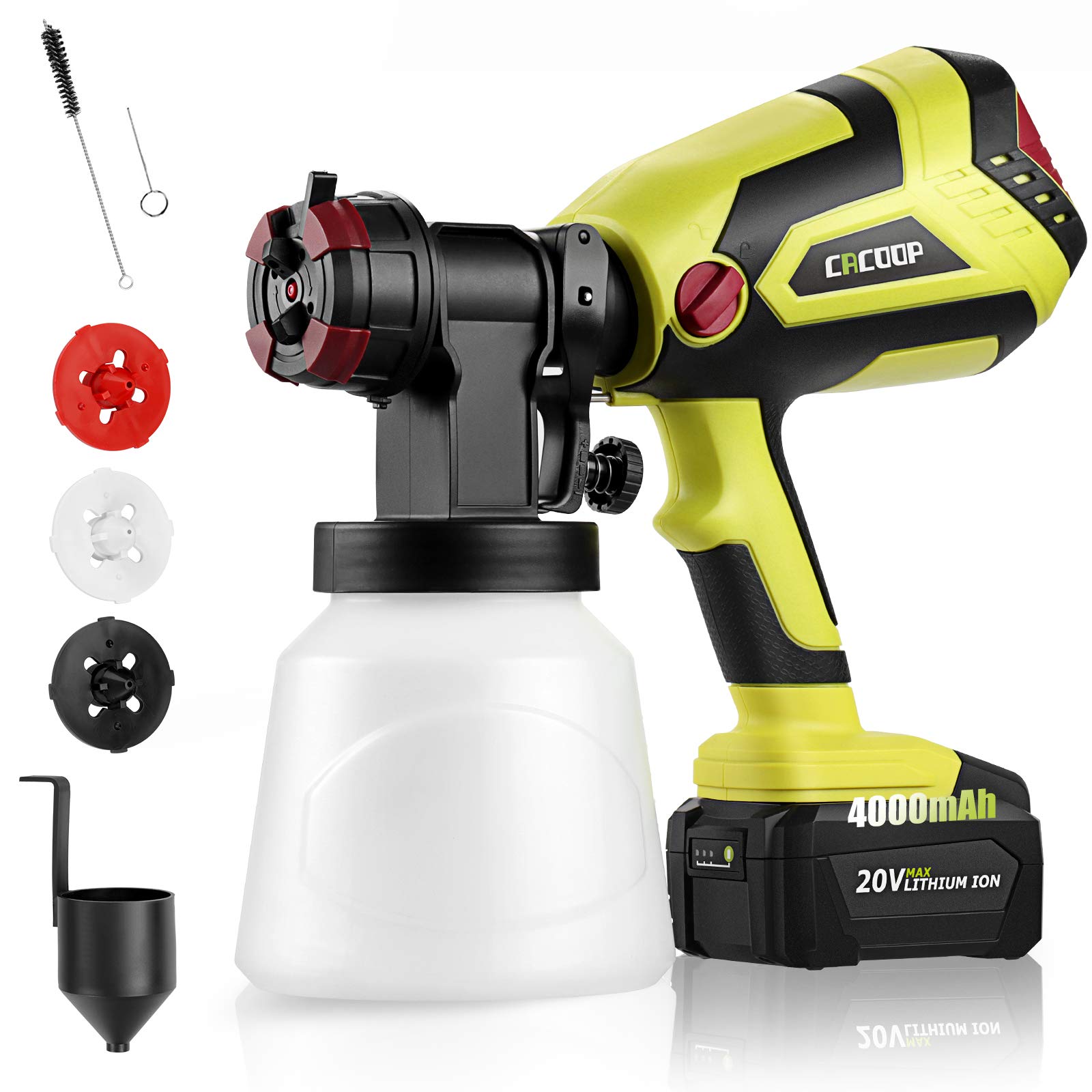 CACOOP Cordless Paint Sprayer Gun w/4.0Ah Battery and Fast Charger, 550W Battery Powered HVLP Sprayers for Home Interior and Exterior