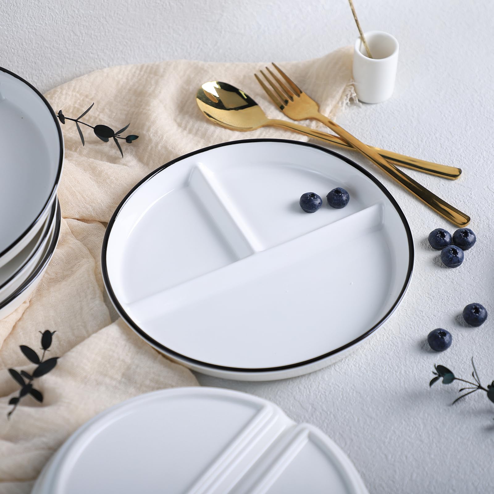 Bicuzat 1 PCS Ceramic Portion Control Plate Divided Dish for Healthy Eating and Weight Loss Divided Dessert Plate Salad Plate Dinner Plate-White-8 Inch