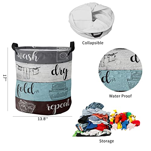 Laundry Room Large Laundry Basket,Collapsible Bag with Easy Carry Handles,Bathroom Dry Wash Fold Repeat Grey Blue White Brown Farmhouse Wood Waterproof Foldable Freestanding Hamper,Folding Storage
