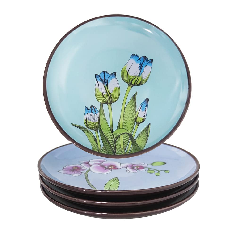 Bicuzat 6-Inch Porcelain Snack Plate, Banquet Dessert Plate, Beautiful Flower Pattern, Set of 4