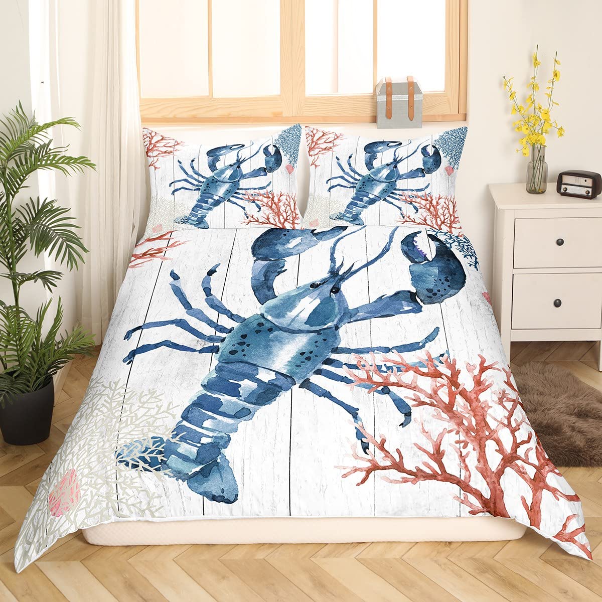 Erosebridal Lobster Duvet Cover King Coral Bedding Set Marine Life Seaside Vintage Farmhouse Comforter Cover Blue Red Watercolor Ocean Wild Animals Botanical Wooden Grain Retro Quilt Cover
