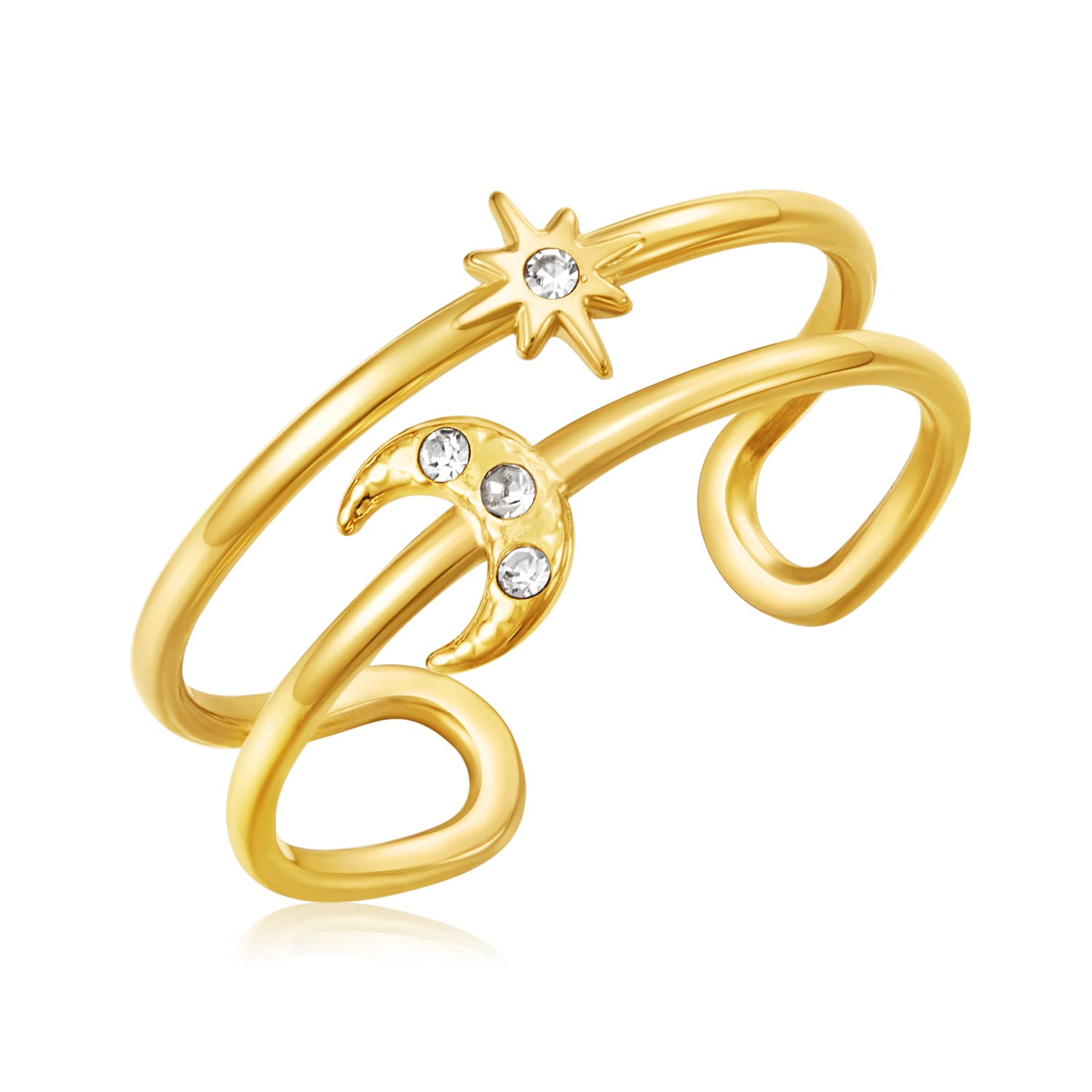 BUEMMR Stackable Open Rings 14K Gold Plated Moon Sun Adjustable Rings for Women Teens Lovers Zirconia Jewelry Gifts