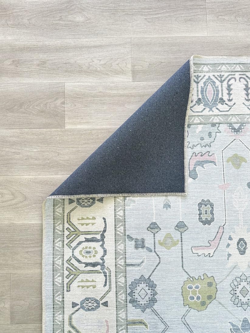 Cream Blue Oushak Rug, Modern Rugs, Vintage, Turkish, Eclectic, Floral, Pastel, Washable, Small Throw, Accent Area Rug for Living Room, Bedroom, Kitchen, Bathroom, 2'5"x4'9