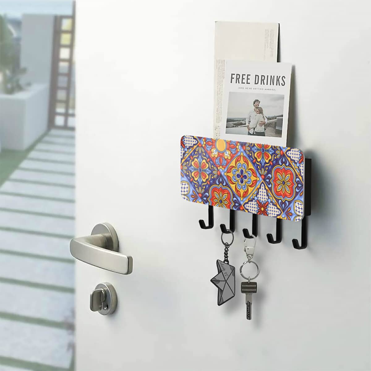 MCHIVER Mexican Talavera Ceramic Tile Pattern Key Holder for Wall Decorative Mail Organizer Holders Wall Mounted Key Hangers with 5 Hooks Mounting Hardware Key Rack for Office Entryway Door