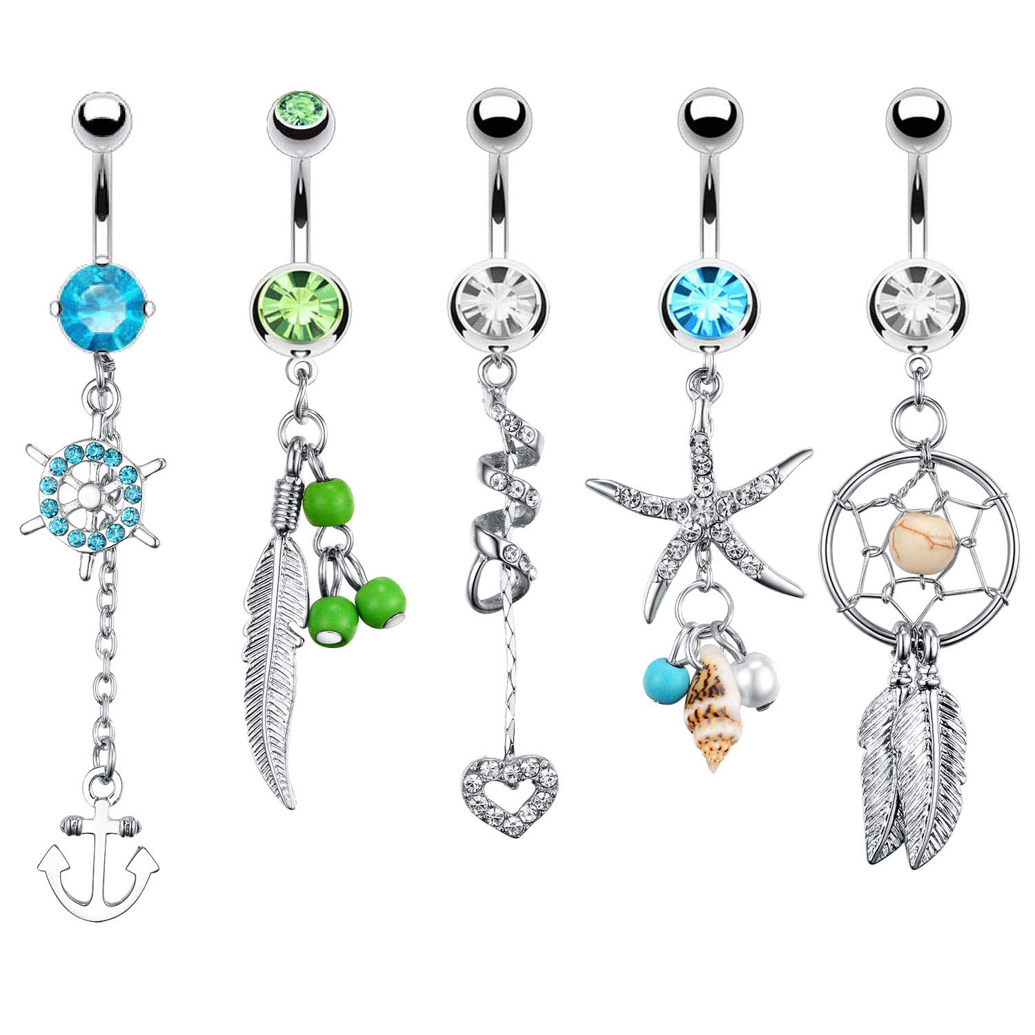 BodyJ4You 15 Belly Button Rings Dangle Barbells 14G Steel Created-Opal Navel Body Jewelry