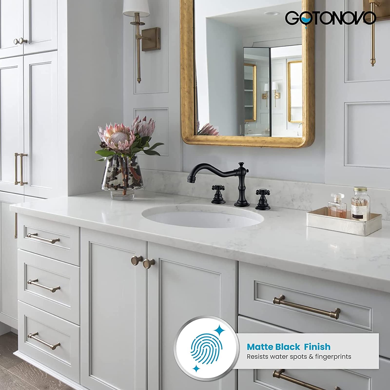 gotonovo 3 Hole Widespread Bathroom Sink Faucet Double Cross Handle Mixer Tap Faucet for Bathroom Sink Vanity Faucet Deck Mount Basin Hot Cold Water Matching Pop Up Drain Matte Black