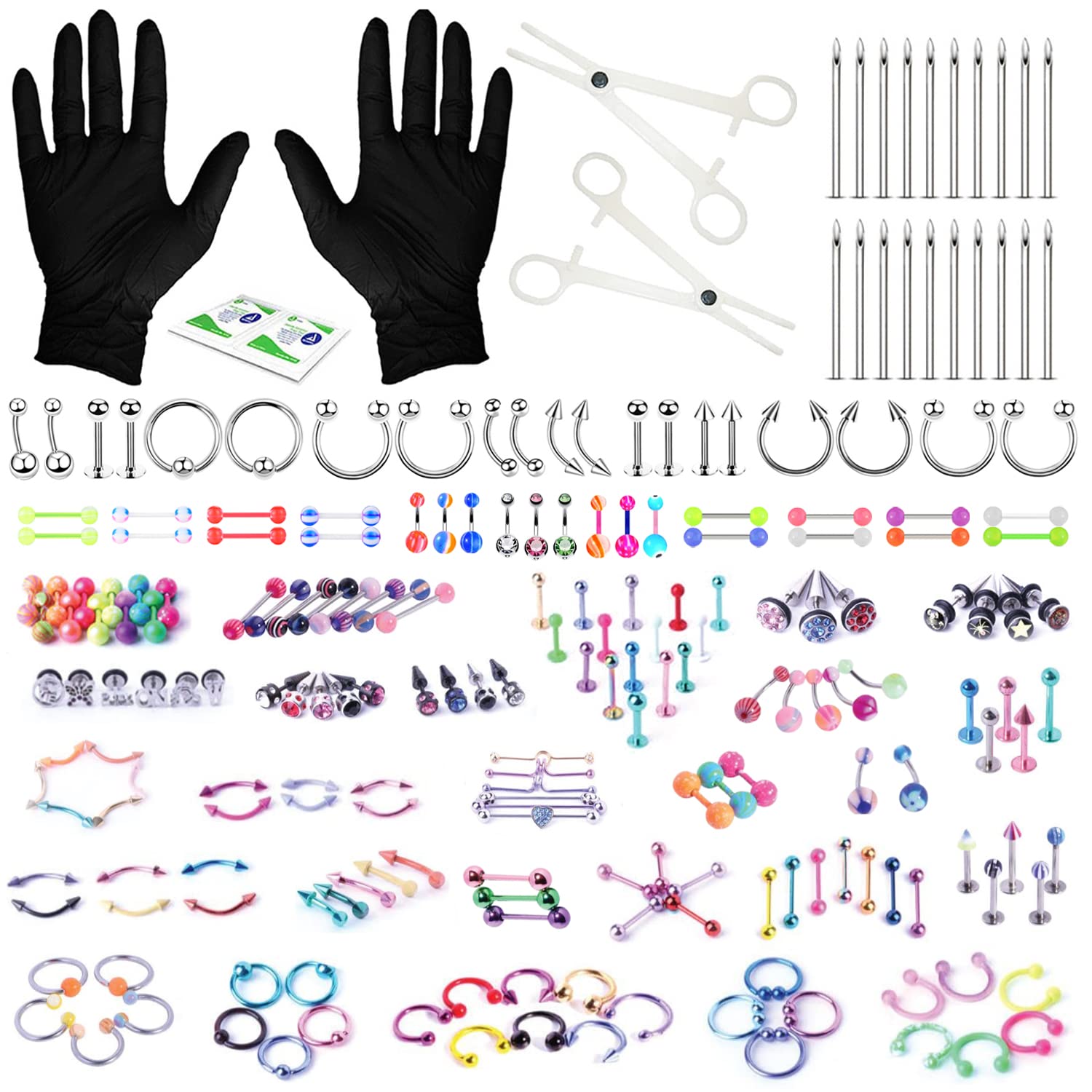 BodyJ4You 156PC Body Piercing Kit | Belly Ring Nose Septum Tragus Ear Cartilage Industrial | Horseshoe Ring Hoop Barbell Stud Spike | 14G 16G Silvertone | RANDOM Mix Jewelry