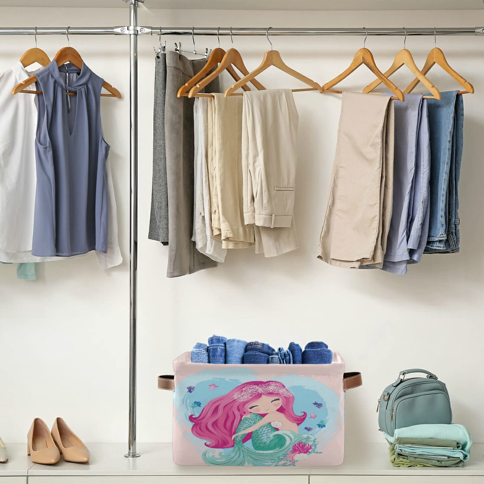 FZDXZJJ Cute Ocean Mermaid Storage Basket Bins, Sea Fish Starfish Decorative Baskets Storage Box Collapsible Storage Cubes Organizer with Handles for Nursery Shelf Closet Office Home Bedroom, 2 Pack