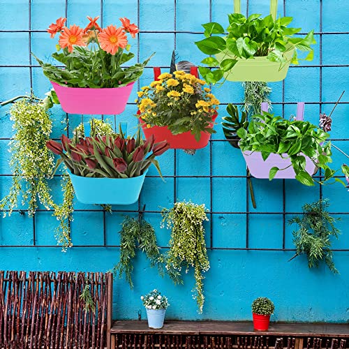 Glory Island 5 Pcs Hanging Flower Pot, Metal Iron Bucket Fence Hanging Planters for Outdoor Plants, Planter Box with Detachable Hooks for Railing Balcony Garden Yard