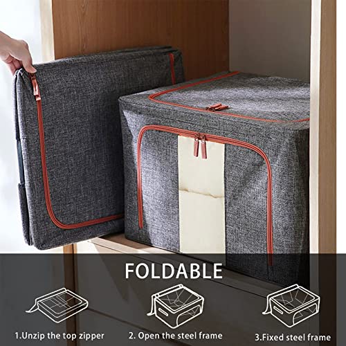 OJIMO Foldable Clothes Storage Bins 2 Pack,Stackable Metal Frame Storage Box w/Reinforced Handle, Stackable Thick Linen Fabric Closet Organizer Set with Clear Windows, Sturdy Zippers(15.4x11.4x7.9in)