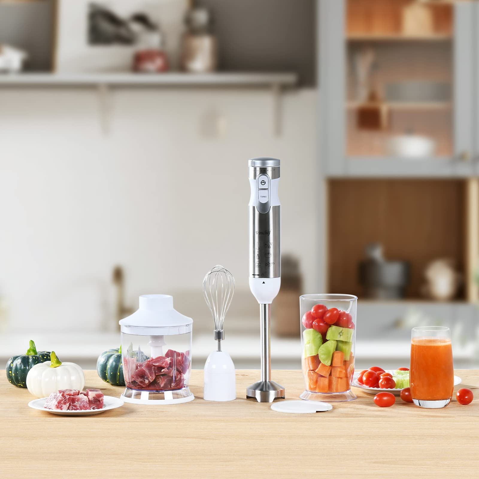 Vinchef 5 in 1 Immersion Hand Blender, 300 Watt, Multi-Speed Stainless Steel Handheld Stick Blender with 700ml Beaker, Whisk, Chopper/Grinder Bowl and Wall Rack, BPA-Free