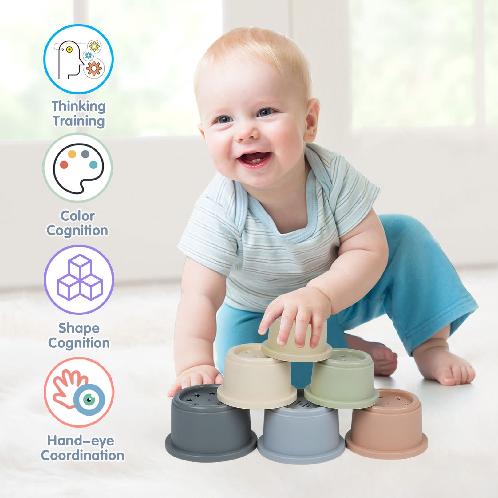 SKYWHALE Baby Soft Building Blocks 6 12 18 Months, 21pcs Toddler Stacking Sensory Learning Education Toys, Infant Rubber Silicone Teething Squeezing Block Gift for Boys Girls