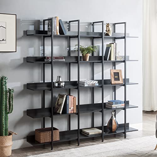 KIVENJAJA Triple Wide 5-Tier Bookshelf, Industrial Display Bookcase with Metal Frame, Tall Open Storage Book Shelves for Bedroom, Living Room, Home Office (Black)