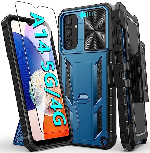 FNTCASE Case for Samsung Galaxy A14-5G: Protective Shockproof Rugged A14 Cell Phone Cover Cases with Belt Clip Holster Kickstand & Slide | Textured Tough Military Grade Drop Proof Protection - Blue