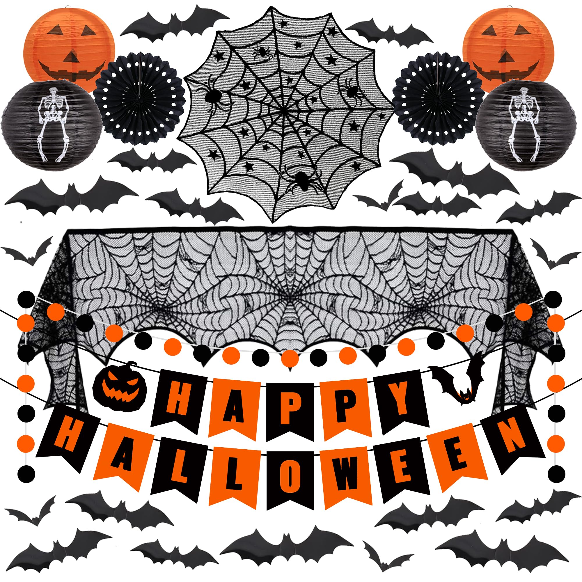 DMIGHT Halloween Decorations Indoor Set, Paper Lanterns & fans, Halloween Fireplace Mantel Scarf, Spiderweb Tab Runner, Halloween Banner, 60 Pcs Scary 3D Bat Sticker, Halloween Party Spooky Home Decor