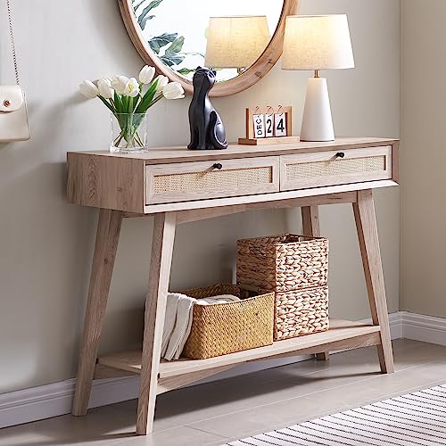 OKD Rattan Entryway Table, 46" Mid Century Modern & Boho Console Table with Drawers, Storage Shelf, Tall Long Farmhouse Wood Sofa Table Behind Couch for Entry Way, Hallway, Living Room, Foyer, Oak