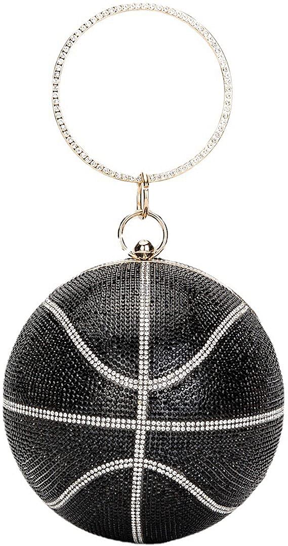 QZUnique Basketball Crossbody Purse Rhinestones Evening Clutch Women Round Ball Handbag Glitter Shoulder Bag for Weeding Party Black