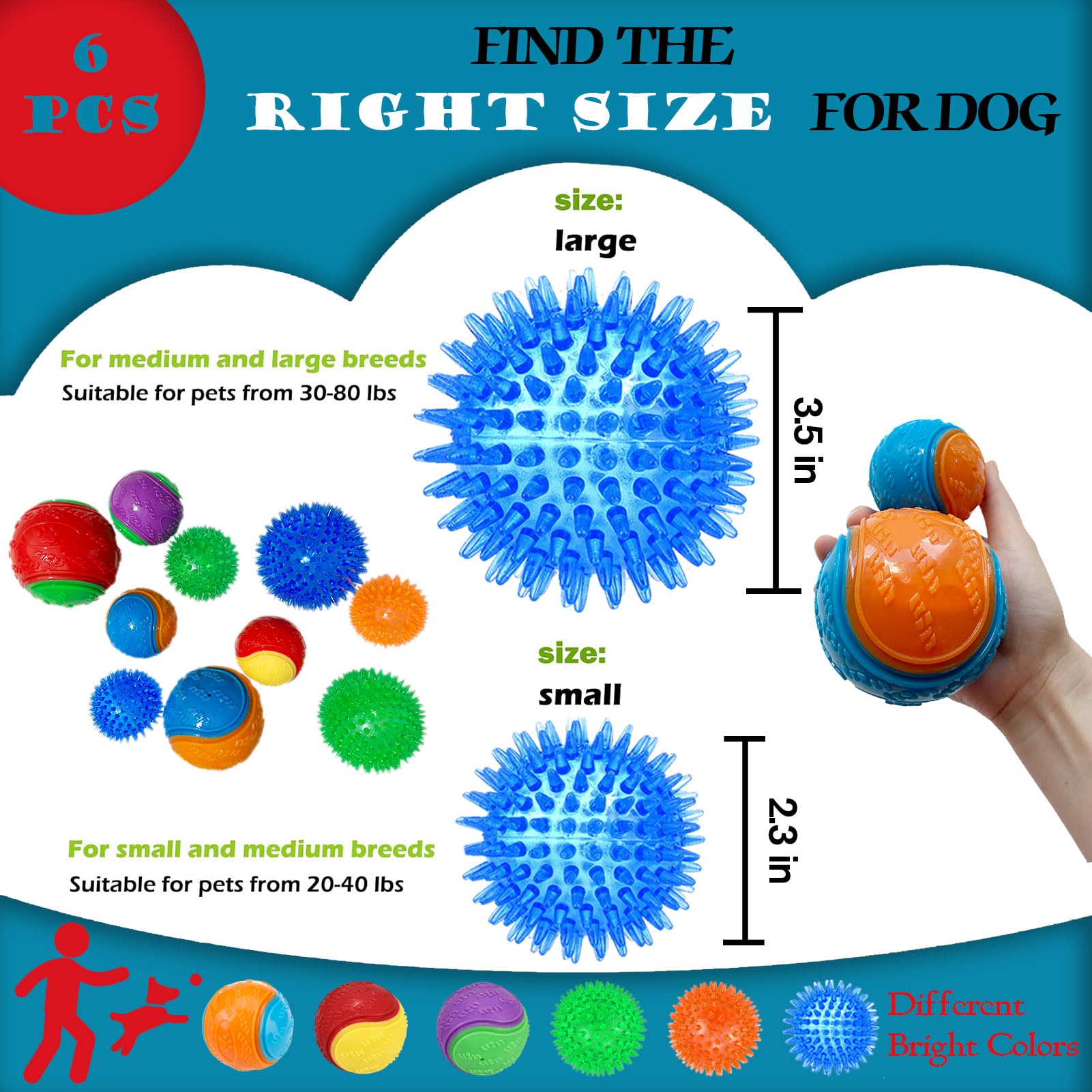 Cdyzqikm 2.3” Squeaky Dog Toy Ball Pack High Bouncy Ball for Interactive Playing Spikys Pet Balls for Teeth Cleaning Durable Tough Chew Toys for Small & Medium Dogs Fetch Training Teething Balls 6Pcs
