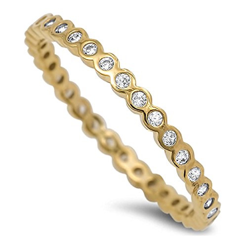 Blue Apple Co. 2mm Full Eternity Stackable Wedding Band Round Simulated Cubic Zirconia Yellow Tone 925 Sterling Silver, Size - 7