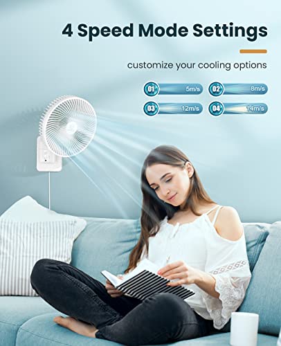 LEMOISTAR 8 Inch Small Wall Mounted Fan with Remote Control,AC/DC(12V), 90°Oscillating, 4 Speeds, Timer, Adjustable Tilt, 70-Inches Cord Ultra Quiet, for Home Office Bedroom Garage RV Camping-White