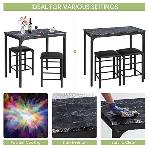 COSTWAY 3 Pieces Dining Table Set, 2 Person Kitchen Breakfast Table and Chair Set Pub Table and Chairs Set, Counter Height Dining Table Set with 2 Bar Stools (Black)