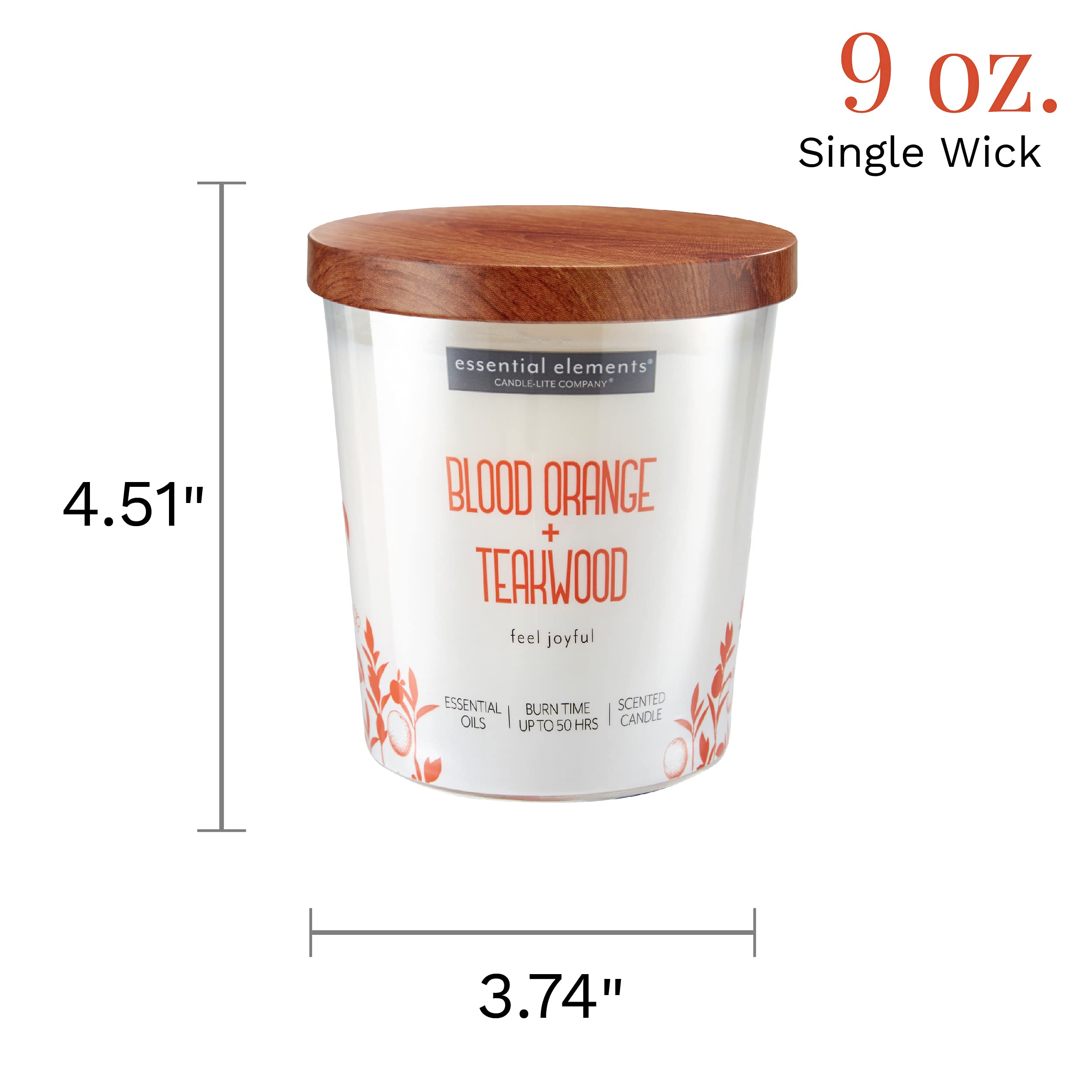 Essential Elements by Candle-lite Scented Candles Blood Orange & Teakwood Fragrance, One 9 oz. Single-Wick Aromatherapy Candle with 50 Hours of Burn Time, Off-White Color