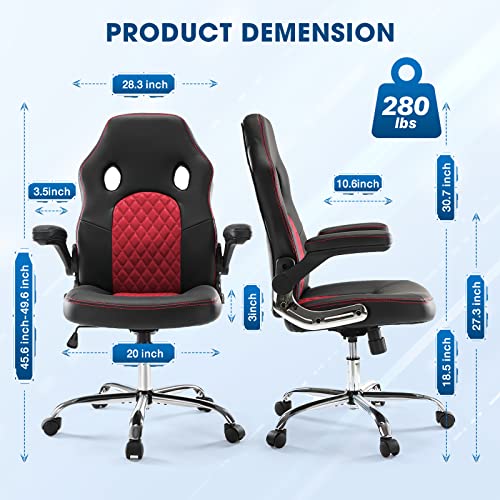 Ergonomic Gaming Chair - Mid Back PU Leather Home Office Desk Chairs, Flip Up Armrest Computer Task Chair with Lumbar Support Wheels, Rocking, and Swivel, Red