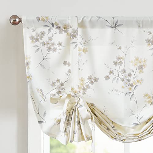 jinchan Tie Up Valance Curtain Watercolor Window Tie Up Shade Floral Valance for Windows 63 Inch Farmhouse Botanic Small Window Curtain Adjustable for Living Room Kitchen 1 Panel Yellow Grey on Ivory