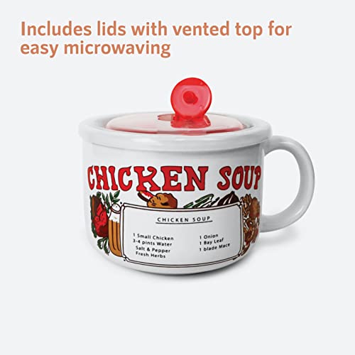 Old & Bold - 4 27 Oz Soup Bowls With Lids - Retro Soup Recipe Ceramic Mugs With Vented Lids and Handles - Pack of 4 - Microwave and Dishwasher Safe - For Soup, Instant Noodles, Cereal