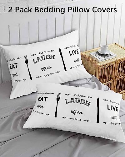 Edwiinsa Black Knife and Fork Eat Laugh Live Pillow Covers Standard Size Set of 2 20x26 Bed Pillow, Rustic White Plush Soft Comfort for Hair/Skin Cooling Pillowcases with Envelop Closure